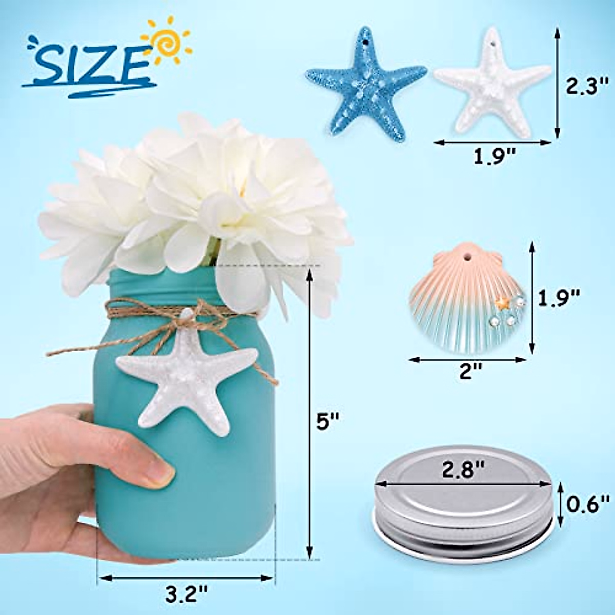 Beach Mason Jar Decor Coastal Table Centerpiece with White Flowers Floral Arrangement Blue Shell Starfishes Slices Summer Sea Farmhouse Tiered Tray Wedding Décor Vases Home Hostess Gift Idea Set of 3