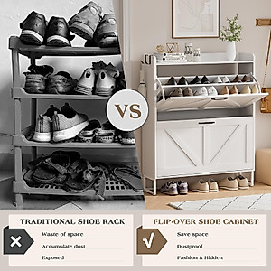EOYUTLLY Shoe Cabinet Storage for Entryway, Narrow Shoe Rack Cabinet with 2 Flip Drawers, Freestanding Hidden Shoe Rack Storage Organizer, White with Metal Legs