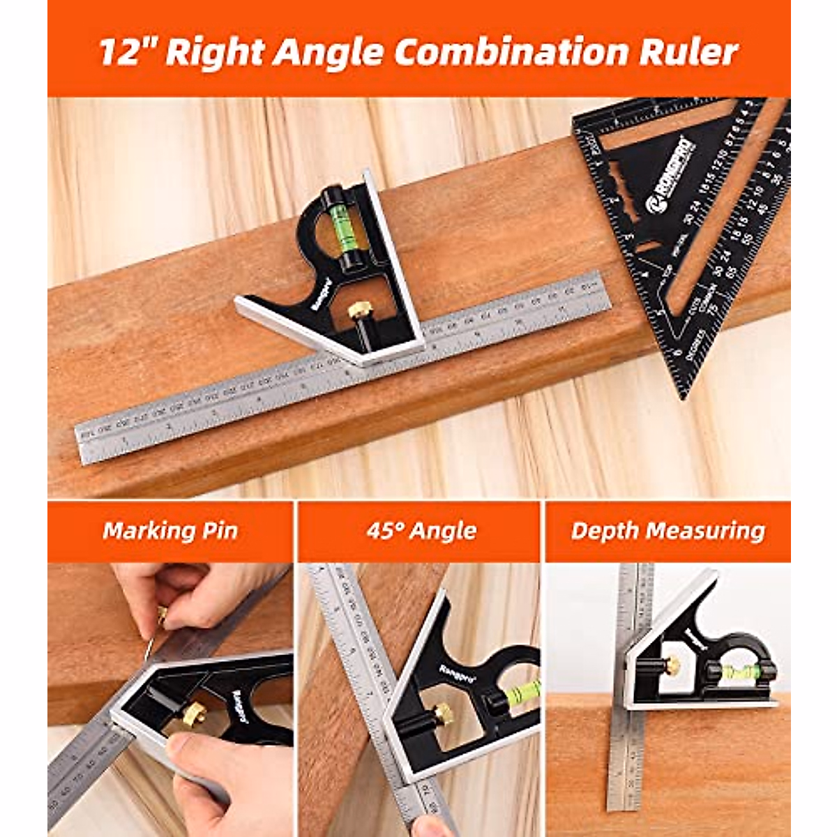 RONGPRO Rafter Square and Combination Square Tool Set, 7 Inch Triangle Carpenter Square Die-cast Aluminum Alloy and 12 Inch Zinc-Alloy Die-Casting Combo Square Ruler - Rafter Square Layout Tool