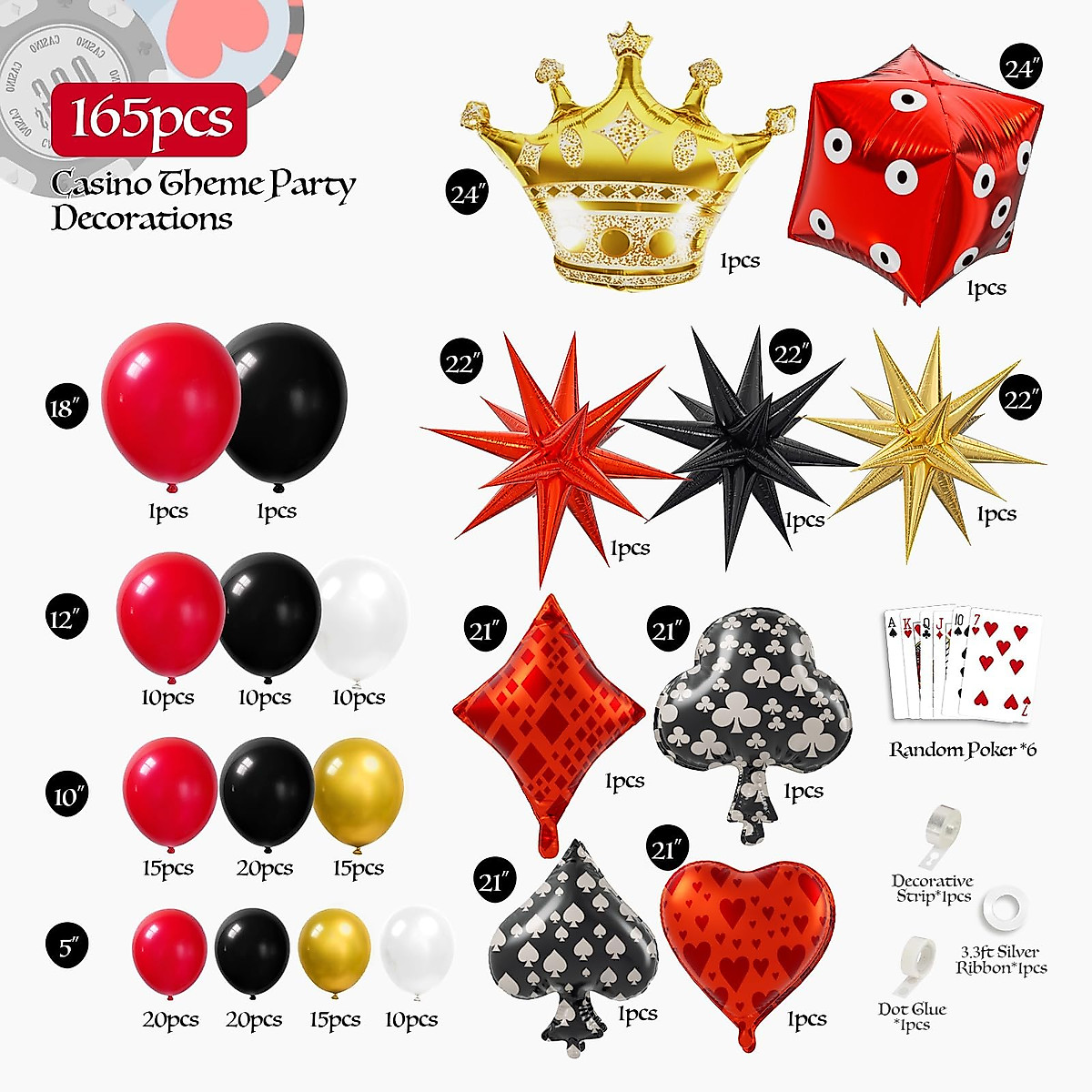 165pcs Casino Balloon Arch Garland Kit, Red Black Gold Balloons with Star Crown Dice Poker Foil Balloons for Birthday Casino Night Las Vegas Casino Theme Party Decorations