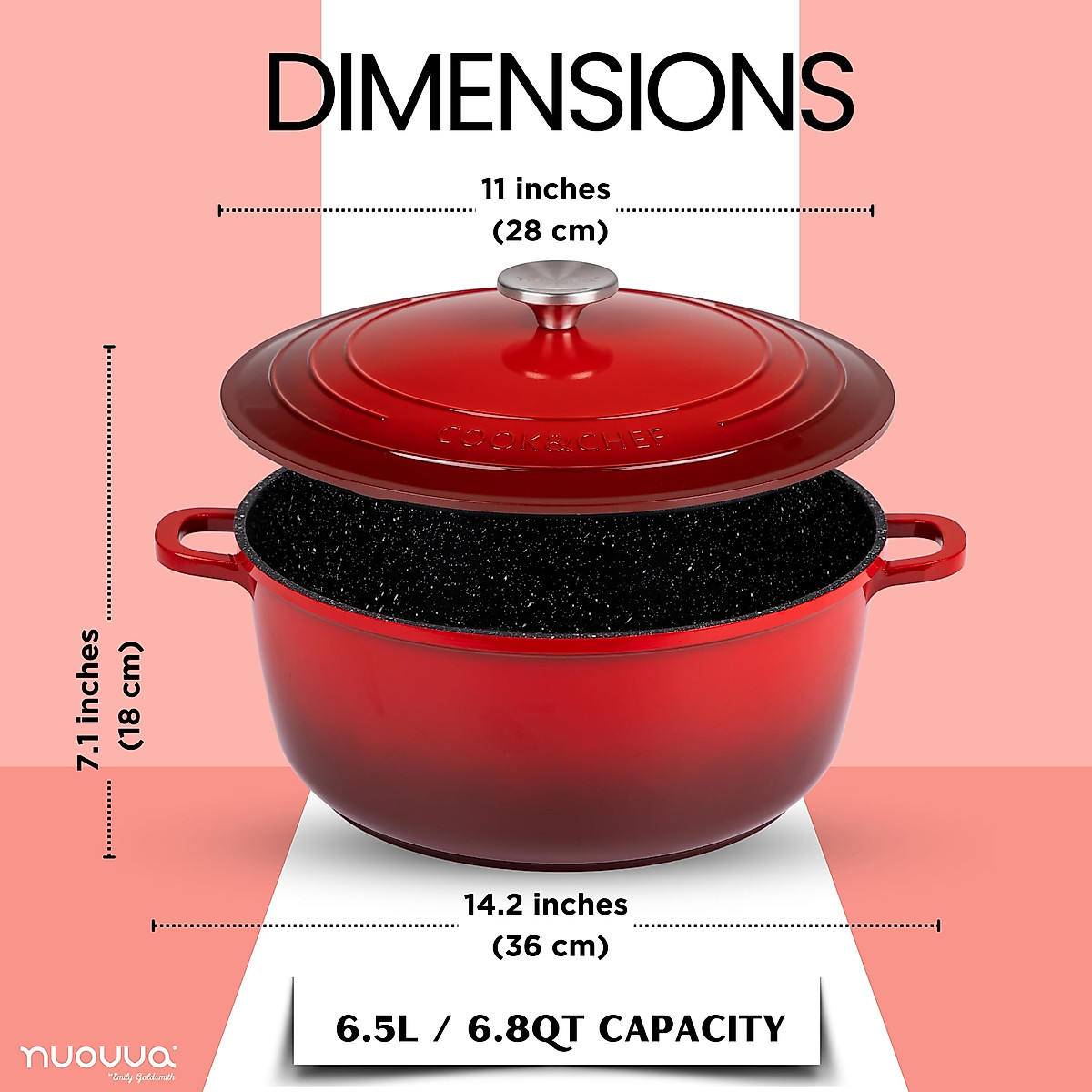 Dutch Oven Pot with Lid – Non Stick Dutch Oven for Bread Baking – Cast Aluminum Cooking Pot – Oven Safe Stock Pot – 6.8-Quart, 11 Inch, Red – by Nuovva
