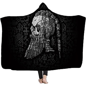 Viking 3D Printing Hooded Blanket Keeps Warm And Soft Vaknut Skull Rune Totem Unisex Winter Wearable Hooded Blanket Double Thick Plush Wool Blanket Cloak ( Color : Blanket , Size : 80x60in/150x200cm )