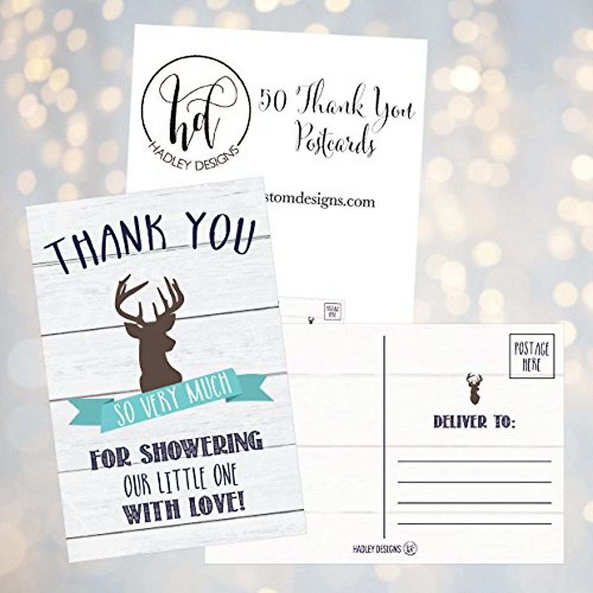Hadley Designs 50 4x6 Rustic Deer Baby Shower Thank You Postcards Woodland Animals Bulk, Modern Cute Boho Blank Thanks Note Card For Girl or Boy Stationery Appreciation Set