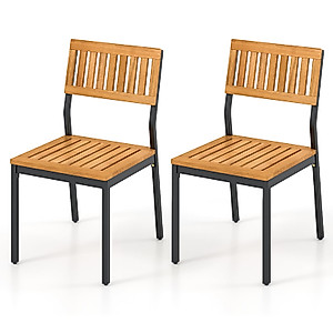 Tangkula Patio Dining Chair Set of 2, Outdoor Armless Chairs w/Metal and Acacia Wood Frame, All-Weather Bistro Chairs, Indoor Outdoor Furniture Chairs for Lawn Backyard Patio Garden Deck Balcony
