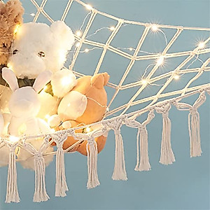 Mkono 2 Style Macrame Stuffed Animal Hammock Toy Storage Organizer with Lights and Tassels Boho Stuff Animals NetLarge Capability Corner Toys Display Hammock for Nursery Playroom