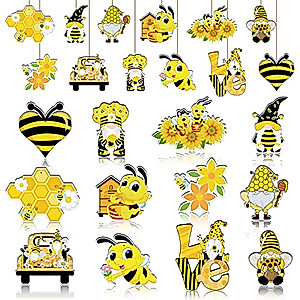 Summer Tree Decorations Bee Ornaments - 36pcs Bee Gnome Wooden Decor with Rope for Summer Home Bee Themed Tree Hanging Decorations