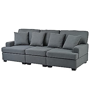 LUMISOL 91" Contemporary Deep Seat Sofa, Linen Fabric 3 Seater Sofa with Track Arms, Modern Sofa Couch with Pillows for Living Room, Bedroom, Small Apartment (Gray)