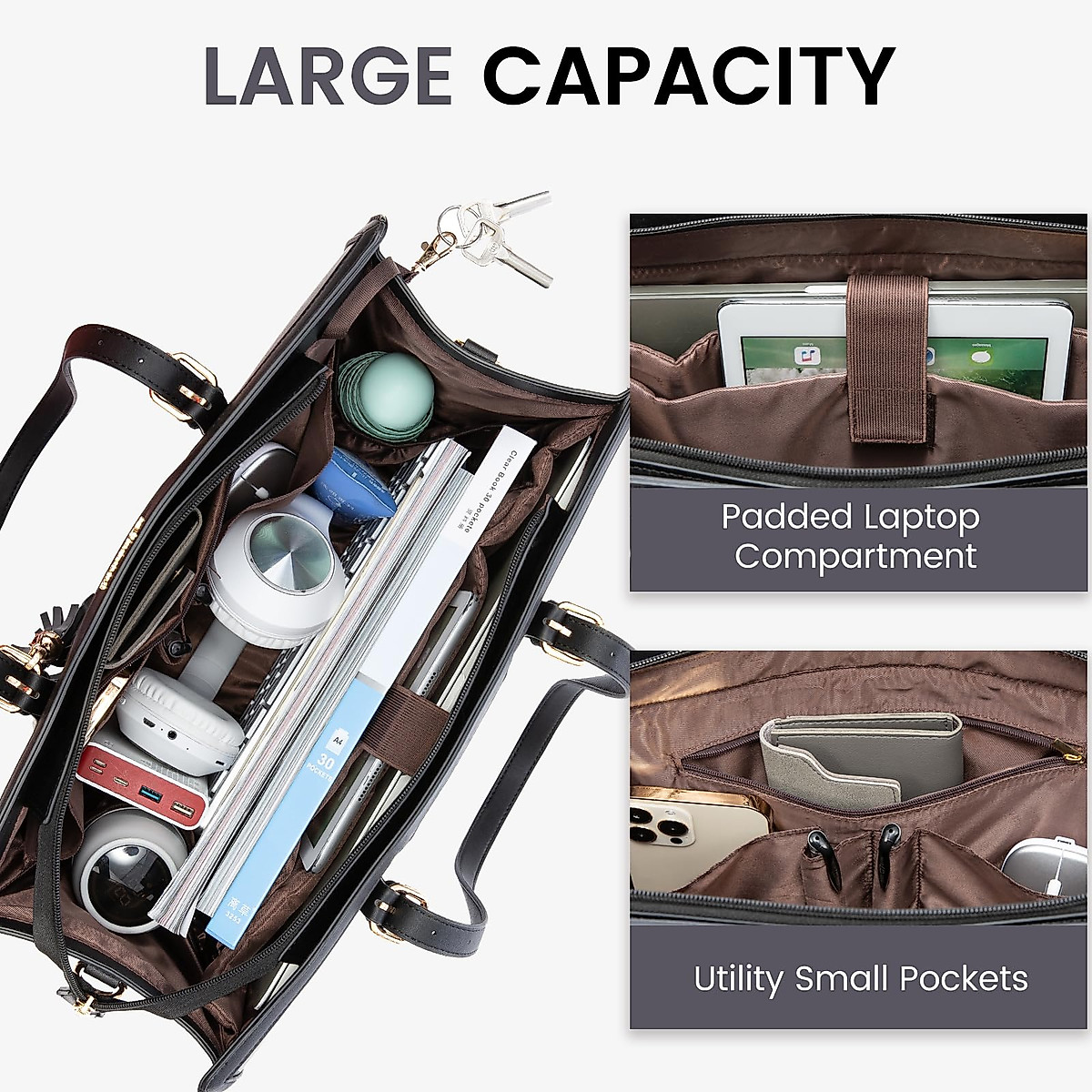 LOVEVOOK Laptop Bag for Women 15.6 inch Waterproof Leather Laptop Tote Bag with Clutch Purse,Large Capacity Laptop Purse for Work,Office,Business,Travel,College,Casual(Black)