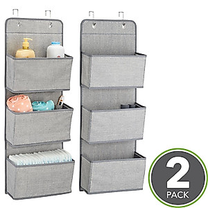 mDesign Fabric Baby Nursery Hanging Organizers for Over the Door Storage for Kids - 3 Pocket Organizer Caddy, Hooks for Clothing, School, Diaper, Toy, Outfits, Lido Collection, Textured, 2 Pack - Gray