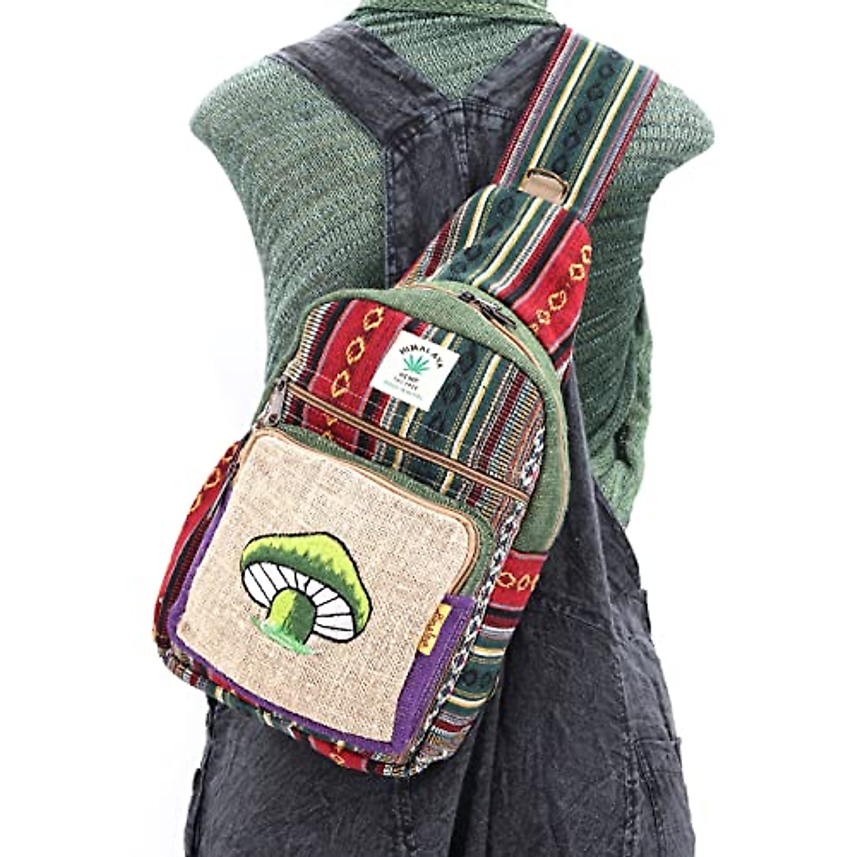 HIMALAYA HANDMADE Hemp Sling Backpack Hippie Backpack Festival Backpack Hiking Backpack 100% Hemp| Crossbody Bag FAIR TRADE Handmade with Love., Green