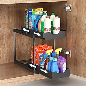 Innotic Under Sink Organizer, Double Sliding Under Cabinet Organizer 2 Tier Pull Out Drawers Multi-purpose Under Sink Organizers and Storage with 4 Hooks, Hanging Cup for Kitchen Bathroom 1 pack