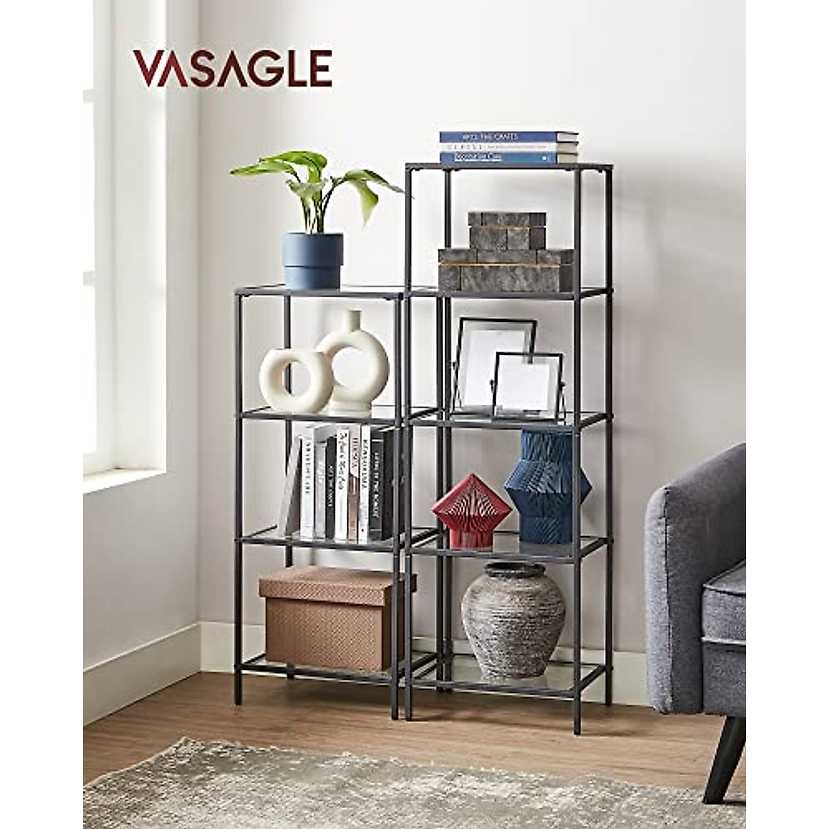 VASAGLE Bookcase, 5-Tier Bookshelf, Slim Shelving Unit for Bedroom, Bathroom, Home Office, Tempered Glass, Steel Frame, Black ULGT029B61
