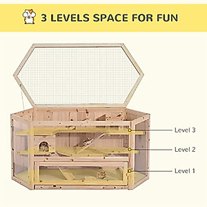 PawHut 3-Tier Extra Large Wooden Hamster Cage with Seesaws, Small Animal Cage and Habitat, Mice, Rat, Gerbil, & Hamster Habitat, Ladder, Feeding Bowl, Openable Top and Front Door