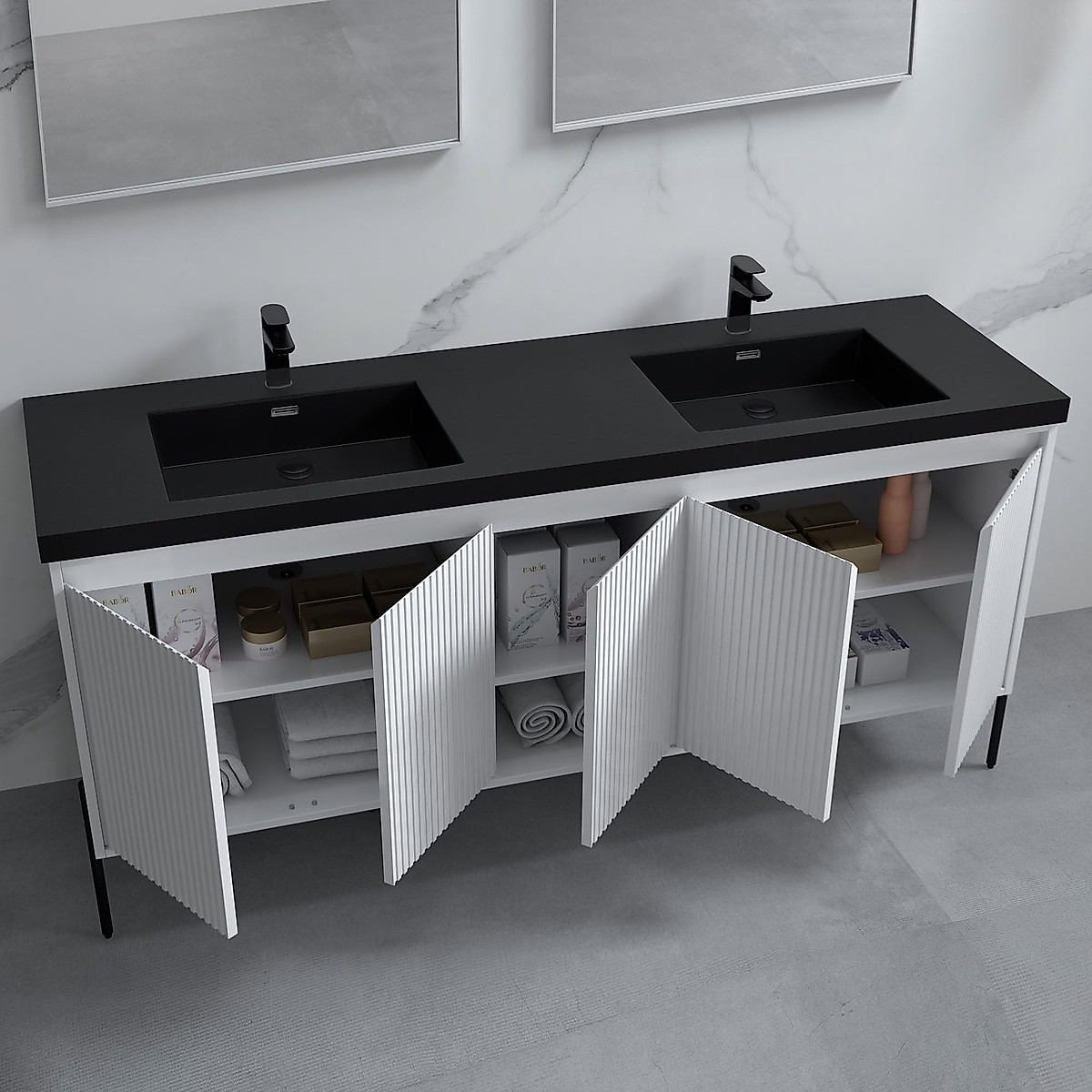 Dowell 72“ Fluted Design Vanity Set – Modern Bathroom Cabinet with Soft-Close Door & Shelf.Glossy White- 002 72 21V/7322BPBL