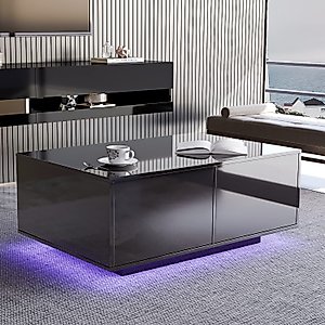 St.Mandyu LED Coffee Table with Storage Drawers,Modern High Glossy Center Table with 20 Colors LED Lights for Living Room (Black)