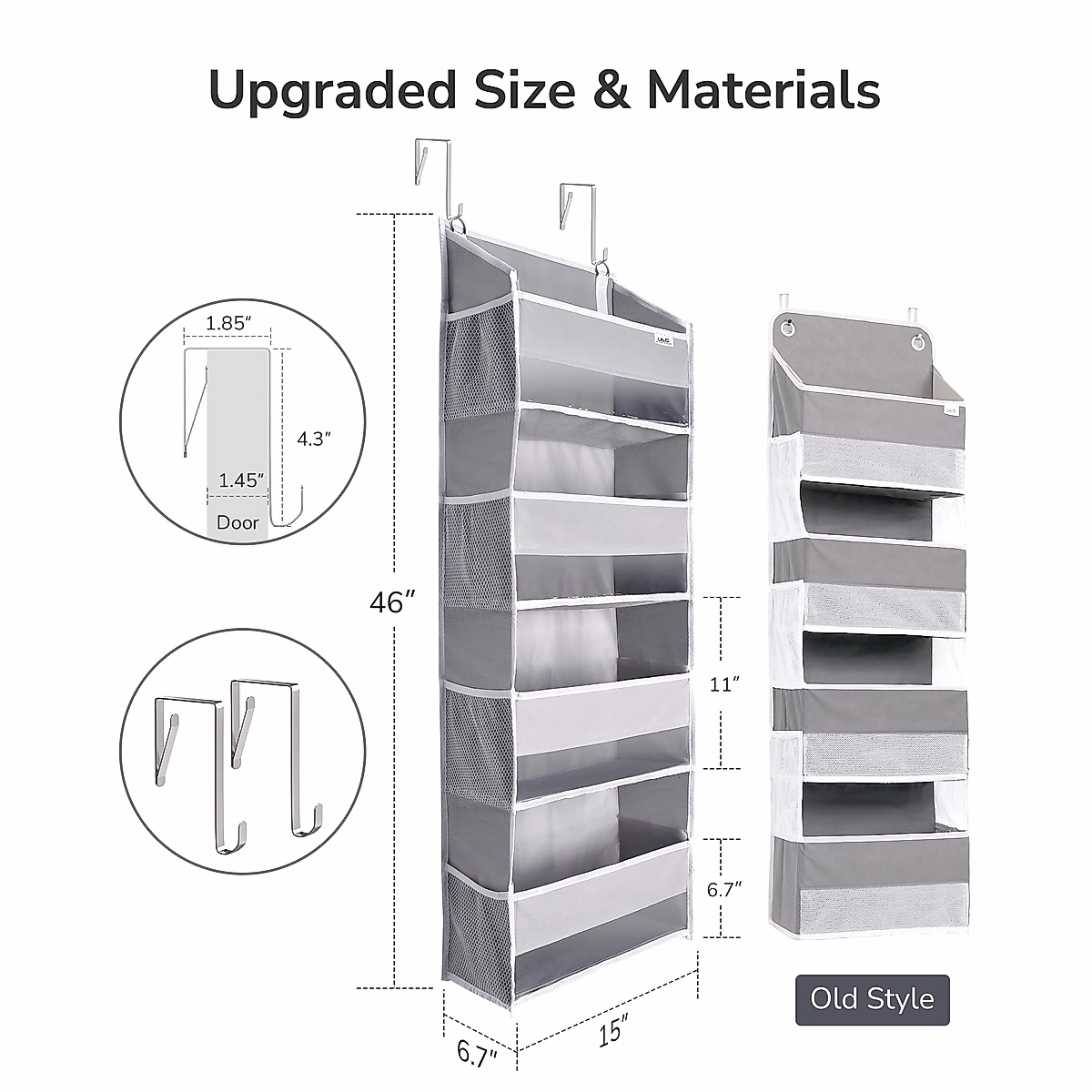 ULG 2 Pack Over The Door Storage Organizer with 4 Pockets 8 Mesh Side Pockets, 36 lbs Weight Capacity Door Hanging Organizers for Bedroom,Bathroom,Nursery,Pantry,Dorm(Light Gray)
