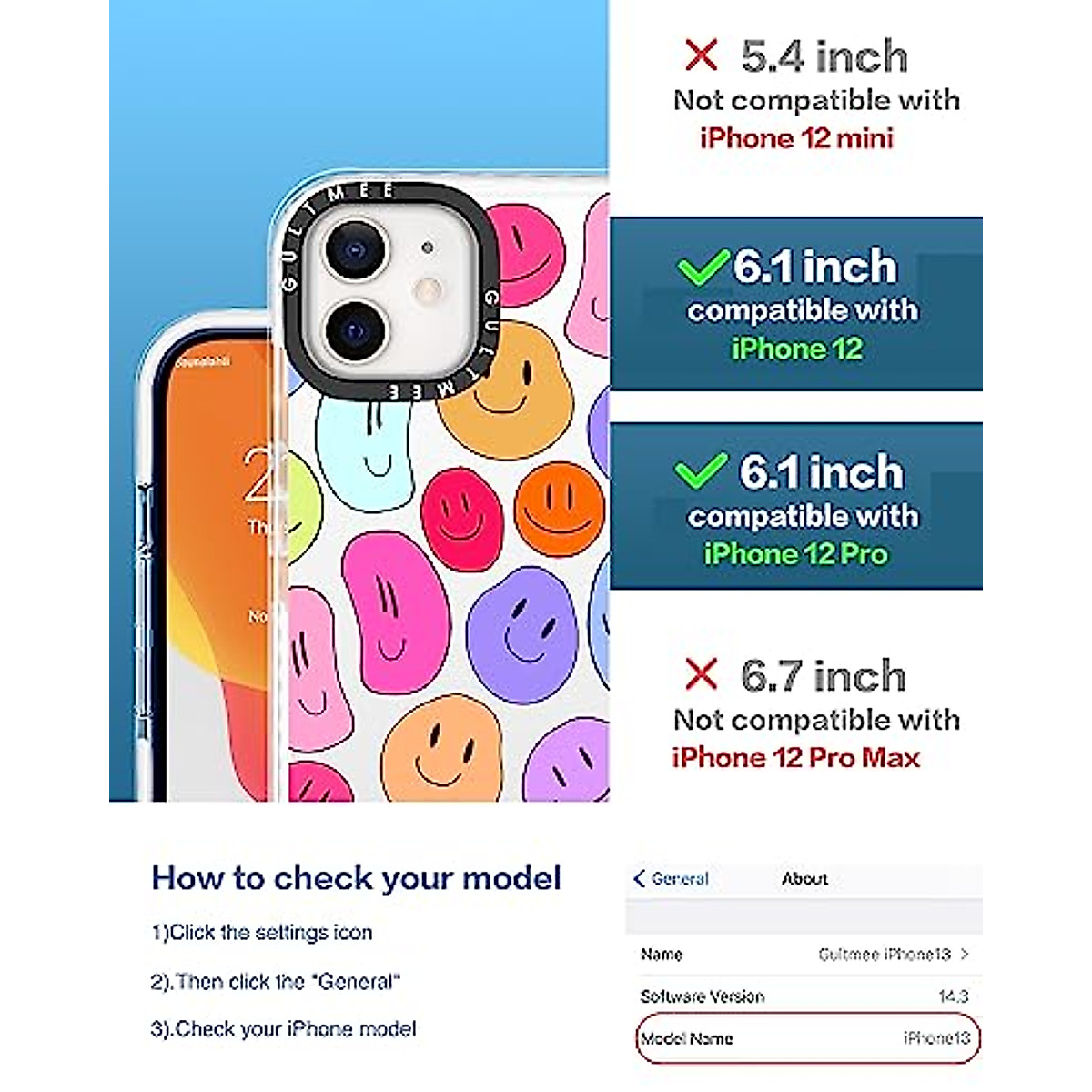 GULTMEE for iPhone 12 case & iPhone 12 Pro Case 6.1inch with 1 Screen Protector,Cute Rainbow Face Print Slim Design with Shockproof PC Bumper Protective Cover Clear Case for Women Girls Man