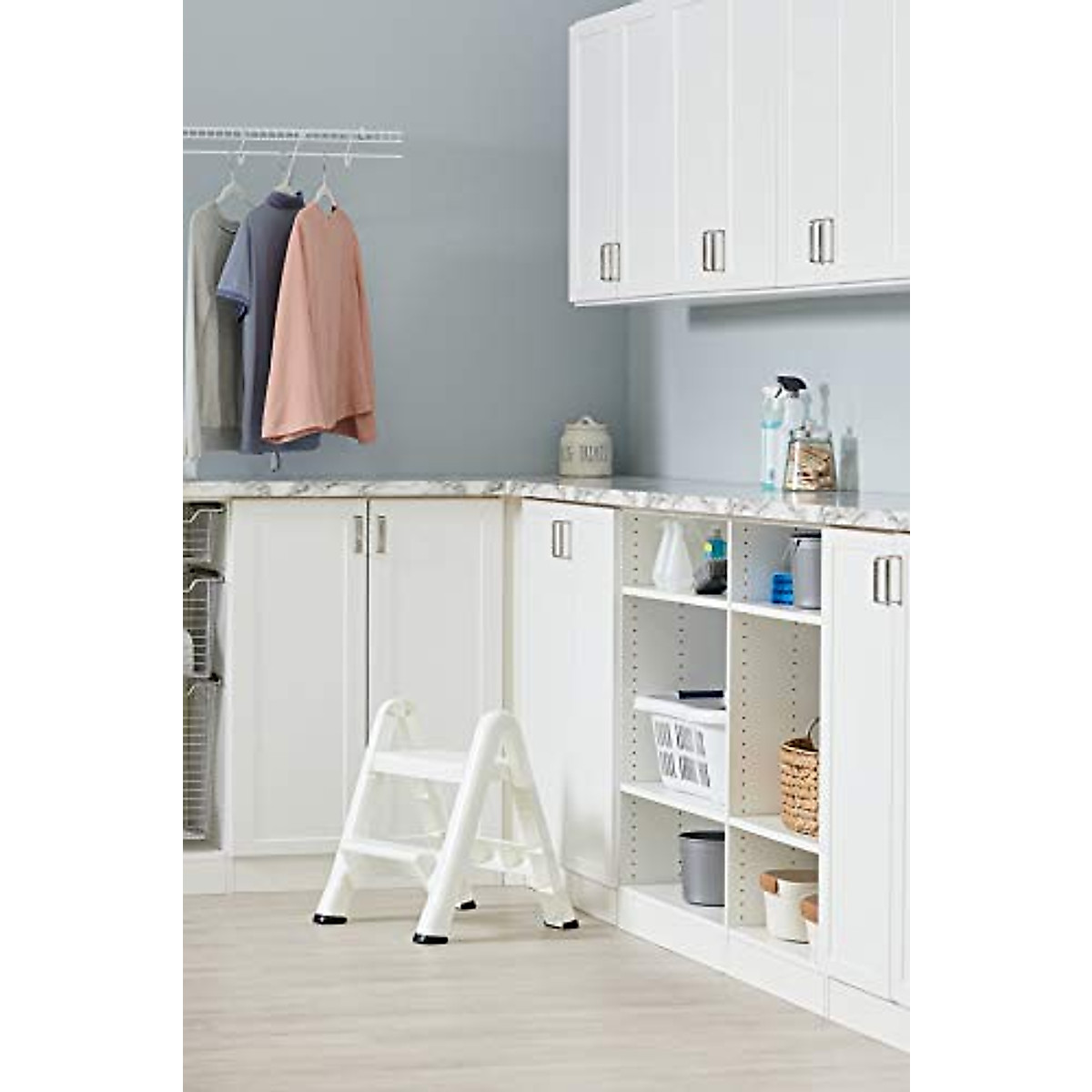 Rubbermaid Two-Step Folding Foot Stool, 14-Inch High, White, 300 Pound Capasity, Small Step Stool for Adults/Kids For Use in Library/Kitchen/Bathroom/Garage/Closet