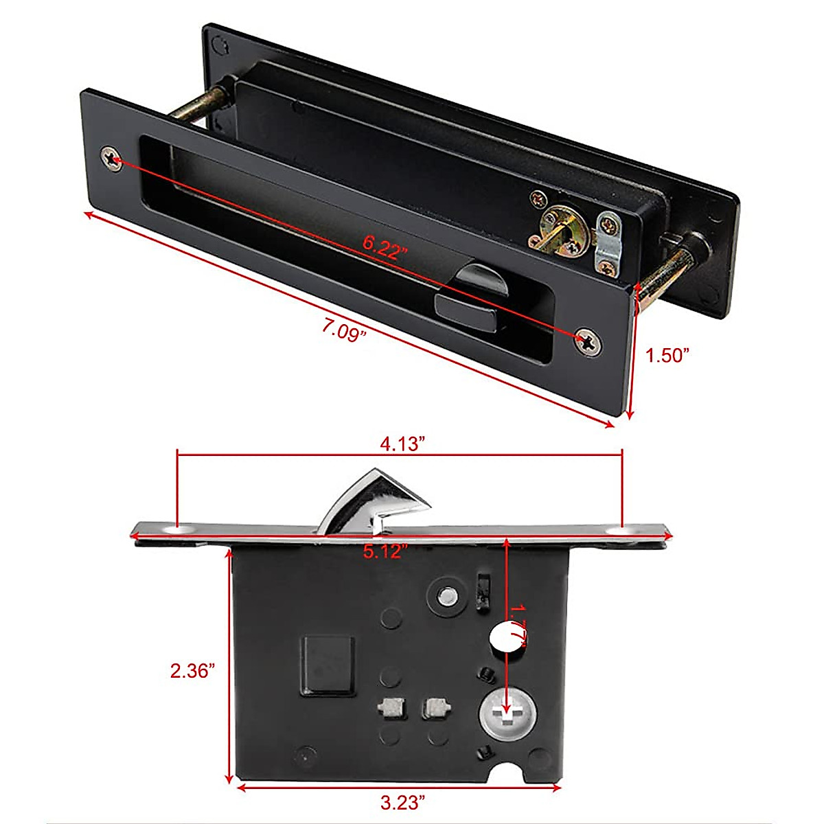 LWZH 7.1" Matte Black Privacy Pocket Door Lock Hardware, Invisible Recessed Handle Latch with Keys, Sliding Door Mortise Lock, Double Barn Door Lock Furniture Hardware