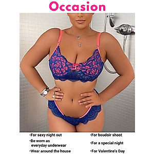 Kaei&Shi Sexy Bra And Panty Sets,Underwire Floral Lace Lingerie For Women, Sheer Scalloped Neon Matching Two Piece Lingerie Set Petite Boudoir Blue Small