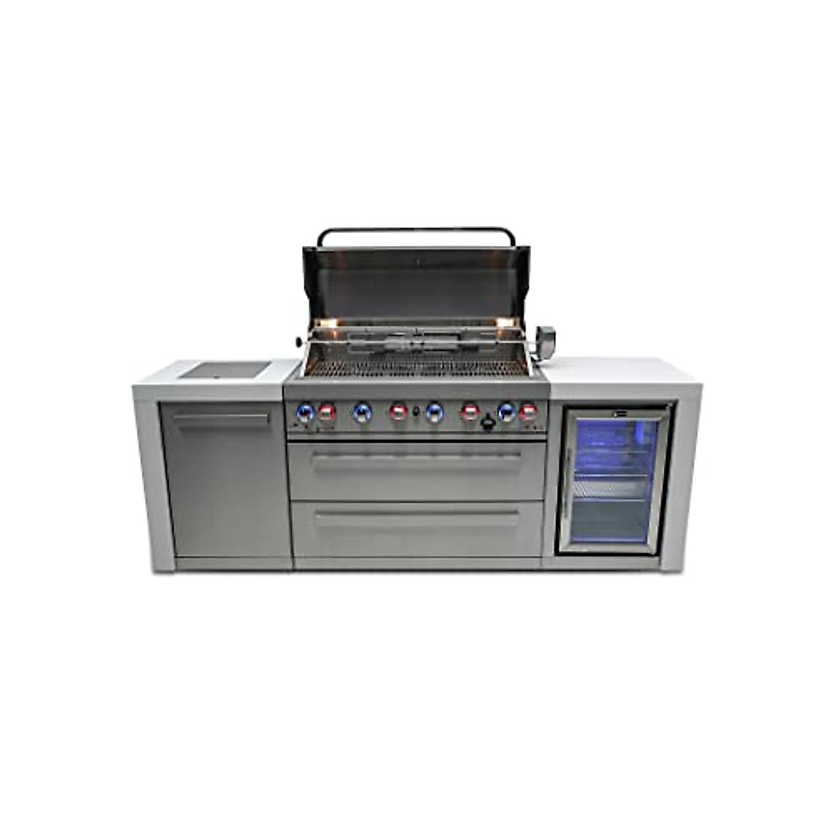 Mont Alpi MAi805-DFC 44-inch 6-Burner 115000 BTU Deluxe Stainless Steel Island Outdoor Kitchen Gas Barbecue Grill+ Fridge Cabinet + Granite Countertops and Sides + Infrared Side Burner