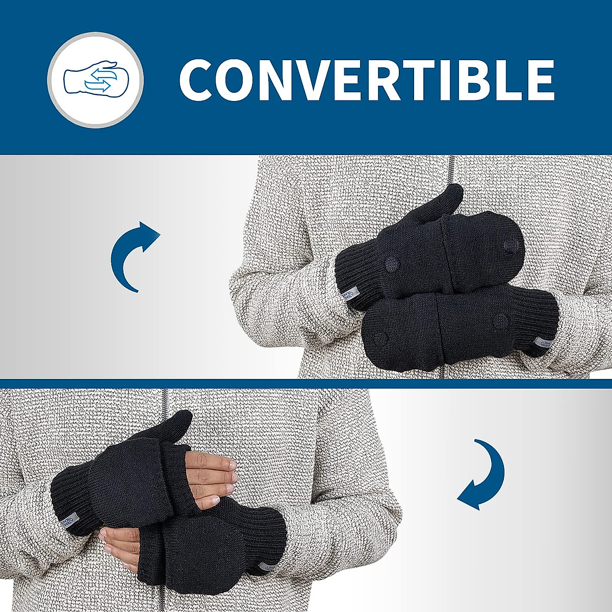 TrailHeads Women’s Fingerless Gloves | Merino Knit Convertible Mittens - black (small/medium)