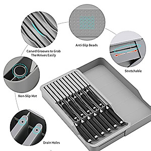 Silverware Organizer Storage Tray,Cutlery Expandable Organizer for Kitchen Drawer Holding Flatware Spoons Forks In-Drawer Knife Block,Kitchen Knife Drawer Organizer
