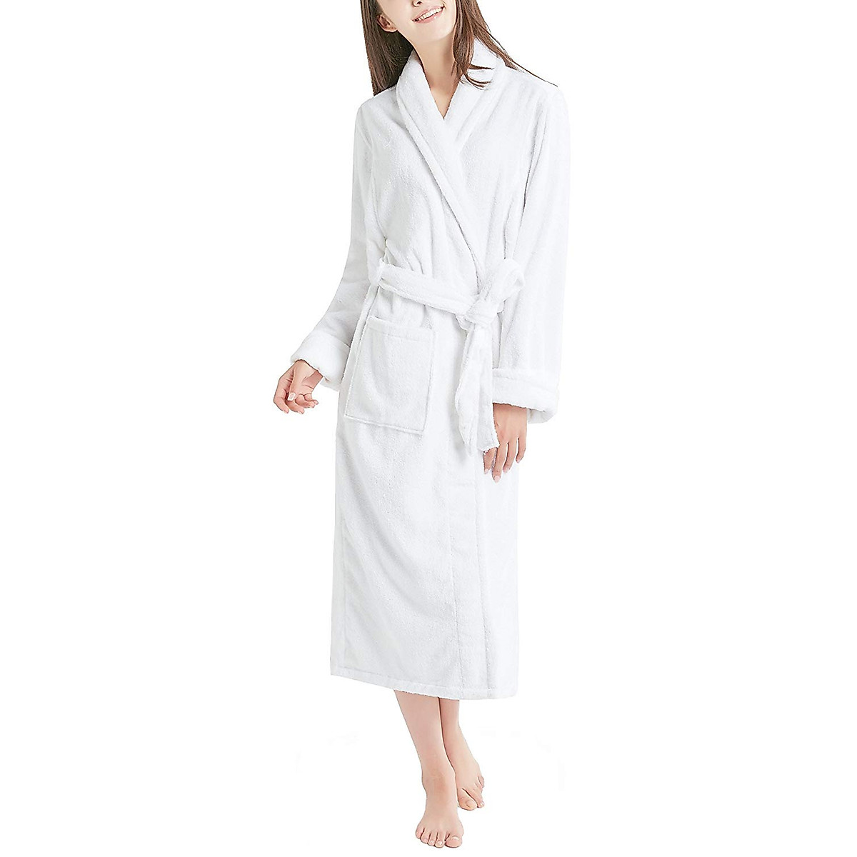 INK+IVY Soft Kimono Robes for Women Terrycloth Ladies Bathrobe with Pocket and Belt, Collar & Cuff Trim, White L/XL