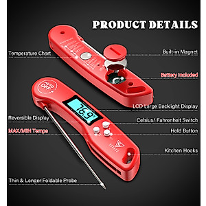 DOQAUS Digital Meat Thermometer, Instant Read Food Thermometer for Cooking, Kitchen Thermometer Probe with Backlit & Reversible Display, Cooking Thermometer Temperature for Turkey Grill BBQ Candy