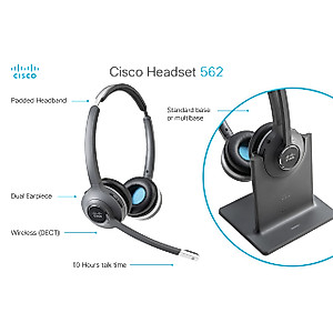Cisco Headset 562, Wireless Dual On-Ear DECT Headset with Multi-Source Base for US & Canada, Charcoal, 1-Year Limited Liability Warranty (CP-HS-WL-562-M-US=) (Renewed)
