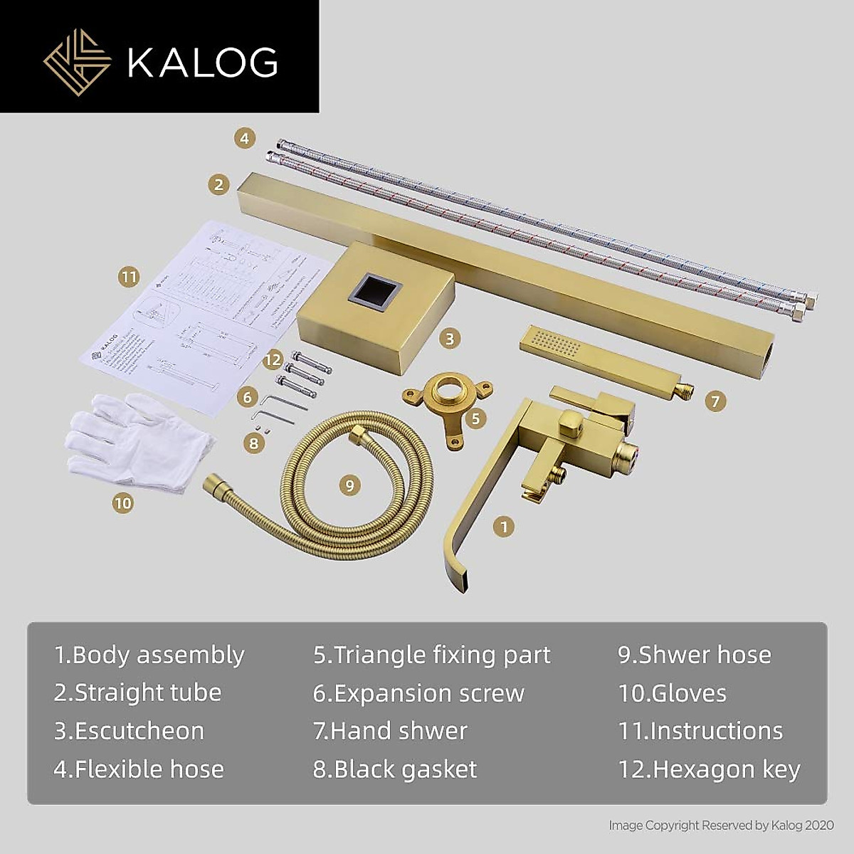 Kalog Single Handle Freestanding Tub Filler Floor Mount Bathtub Faucet with Square Handheld Shower (Brushed Gold-F)