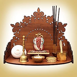 Heartily® Floral Beautiful Wooden Pooja Stand for Home/ Mandir for Home/ Temple for Home and Office/ Puja Mandir for Home and Office Wall Product (Height- 9.85, Length- 12 , Width-8.75 Inch) (Brown)