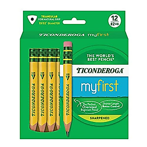 Ticonderoga My First Short Triangular Wood-Cased Pencils, 2 HB Soft, With Erasers, Yellow, 12 Count