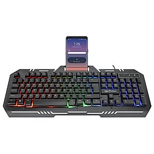 Manhattan Wired Membrane Gaming Keyboard –with Backlit RGB LED, Metal Base, IPX4 Splashproof, Phone Holder, 12 Multimedia Function Quiet Keys-for Computer, PC, Desktop, Gamer –3 Yr Mfg Warranty–180610