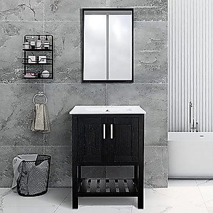 LUCKWIND 24" Black Bathroom Vanity Sink Combo, Modern Bathroom Cabinet with Space Save Bottom Shelf, Overflow 3-Hole Drop in Ceramic Vessel Sink Top & Mirror, Excluding Faucet