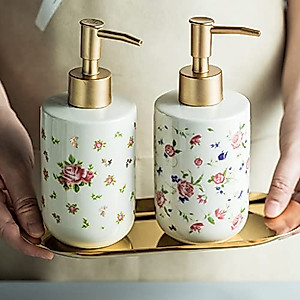 Soap Dispensers Ceramic Soap Dispenser Set with Metal Tray Soap Pump for Kitchen Sink Bathroom Accessory Flower Pattern Set, 10.8oz Lotion Dispenser (Style : Floret)
