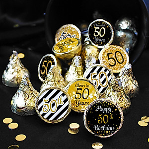 Black and Gold 50th Birthday Party Favor Chocolate Kisses Candy Stickers - 180 Labels