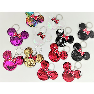 ITISMINE 12 pieces Sparkly BLINK Plush Reversible Sequin 3 inch Key Chain Appeal Backpack Bag Accessories (Minnie Shape), Red Pink Gold Silver Rainbow, 1 size fit all