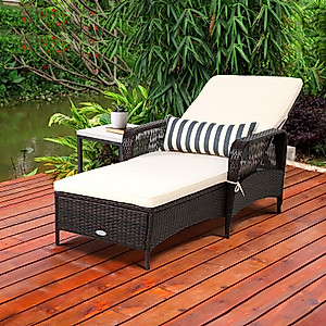 RELAX4LIFE Patio PE Rattan Chaise Lounge, Outdoor Recliner with Thick Cushion, Lumbar Pillow, 6-Gear Adjustable Backrest & Non-Slip Foot Pads, Sunbathing Lounger, Yard Wicker Couch Chair, White