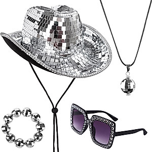 Alabelleza 5pcs Disco Ball Cowboy Hat Mirror Ball Cowboy Hat Sparkling Silver Cowgirl Hat for Women with Necklace, Earrings, Bracelet, Sunglasses