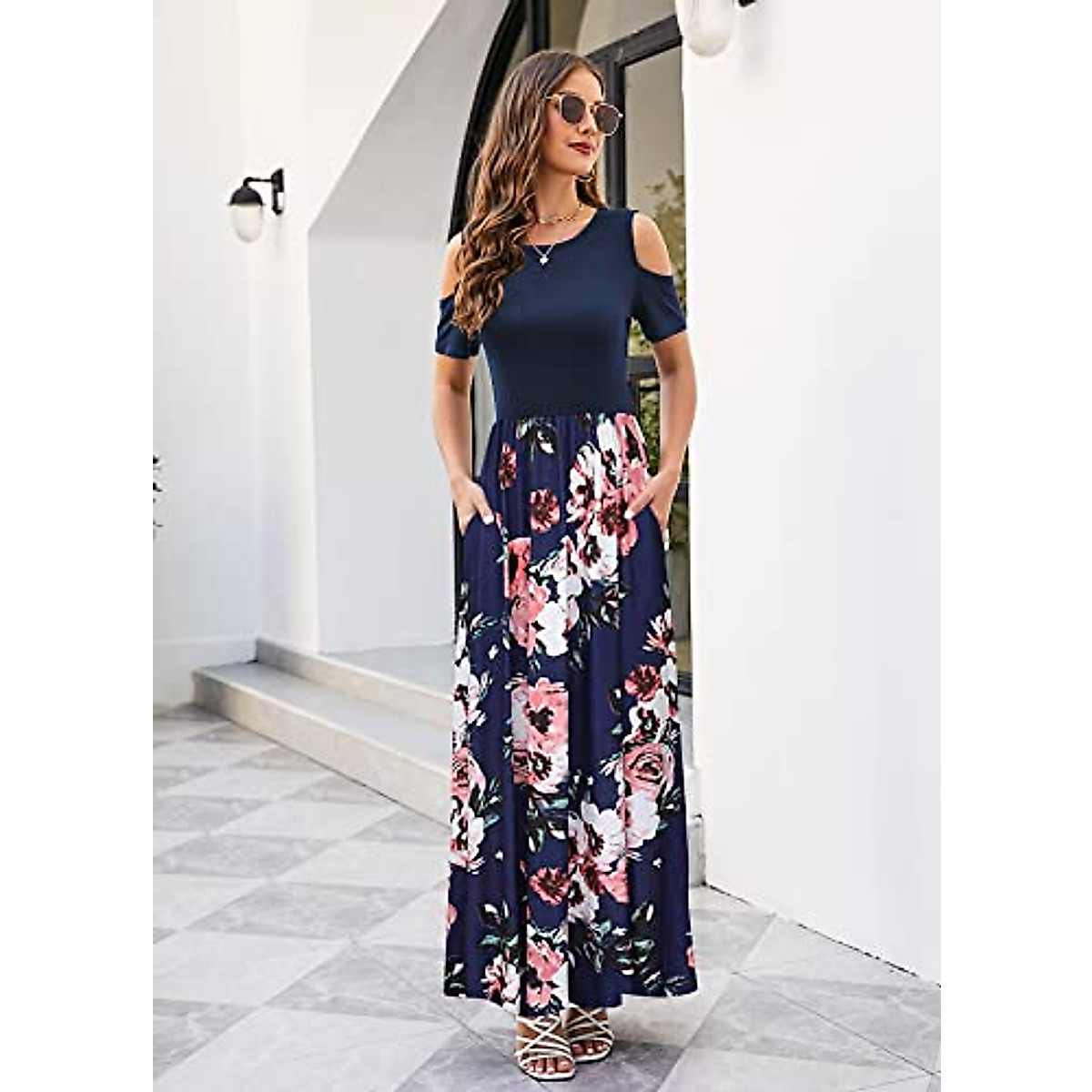 Kancystore Women's Cold Shoulder Floral Print Dresses Swing Long Dress with Pockets (Navy Blue_XXL)