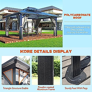 MUPATER 10x13FT Outdoor Polycarbonate Hardtop Gazebo with Double Roof Canopy, Aluminum Frame, Netting and Curtainsfor Patios, Deck, Lawns, Gardens