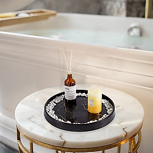 Decorative Ceramic Serving Tray for Coffee Table & Dining Table Centerpiece, 10'' Round Candle Holder Tray, Bathroom Kitchen Trays for Counter, Black & Marble Finish