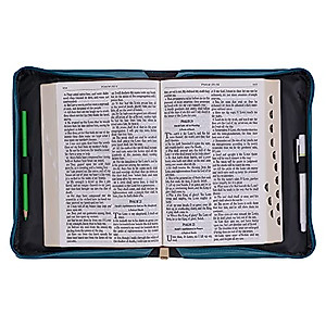 Christian Art Gifts Teal Vegan Leather Fashion Bible Cover for Women: God's Grace Be with You - Inspirational Book Carry Case w/Cute Paisley Pattern, Silver Zipper, Pockets & Pen Storage, Large