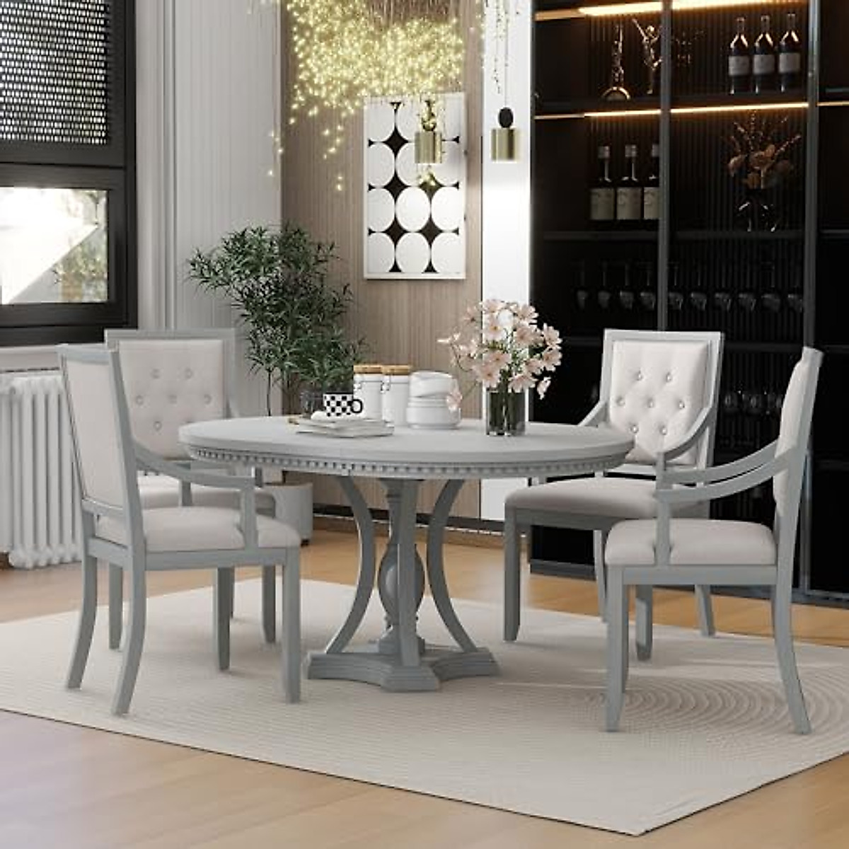 UBGO 5-Piece, Kitchen Room Sets with Wooden Round Extendable Table and 4 Upholstered Dining Chairs-Antique Gray