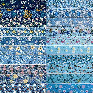 Jelly Roll Fabric - 20 Assorted Floral Prints, 100% Cotton Quilting Fabric, 40 Pre-Cut Strips (2.5 x 44 Inch) for Quilting, Sewing, and DIY Projects-Blue Ocean
