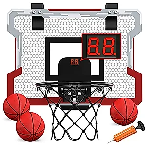 QDRAGON Mini Basketball Hoop with Scoreboard, Over The Door Basketball Hoop Indoor, with 3 Balls/Inflator/Breakaway Rim, Basketball Toy Gifts for Kids/Adults/Boys/Girls, Red