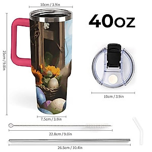 40 Oz Vacuum Tumbler with Light Rose Red Handle Leakproof Insulated Tumbler Easter Rabbit And Easter Eggs Stainless Steel Travel Mug with Lid And Straw Coffee Cup Cute Water Bottles Cup Holder Friendl