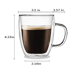 FIXTADE Clear Coffee Mugs Set of 2 - Double Wall Cups with Handle - Glass Tea Mugs Each 12 Ounces（ 350ml）