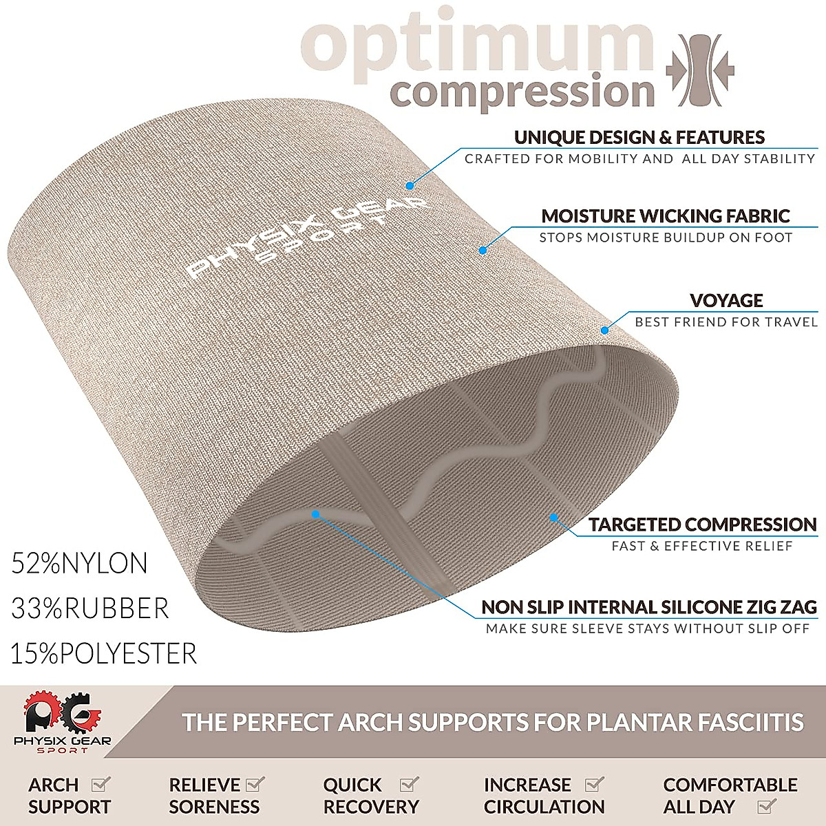Physix Gear Sport Arch Supports for Plantar Fasciitis Relief (1 Pair) - Foot Sleeve Arch Support for Flat Feet, Plantar Fasciitis Wrap, Arch Compression Support Sleeves, Fast Relief (Beige, M)